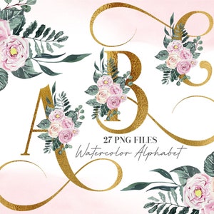 Watercolor Flowers Alphabet PNG, Gold Letters Soft Pink Floral Alphabet ...
