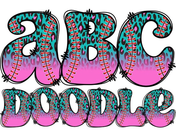 Baseball Letters PNG Leopard Doodle Alpha Pink Turquoise | Etsy