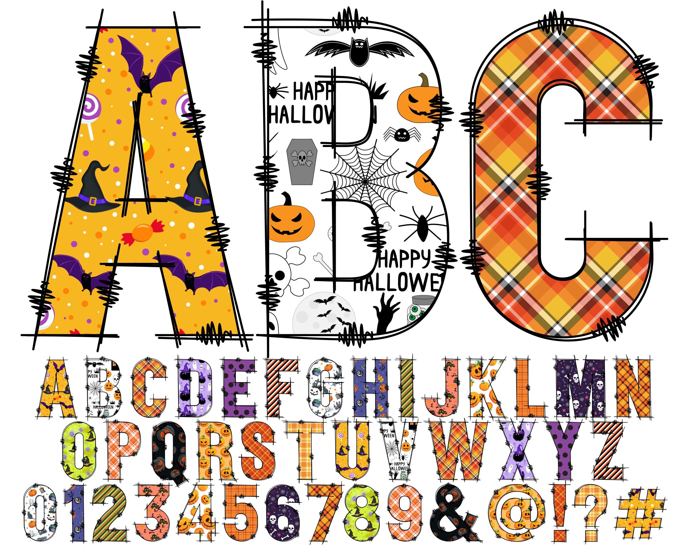 Halloween Clipart Alphabet PNG, Doodle Bats Witch Hat Clip Art ...
