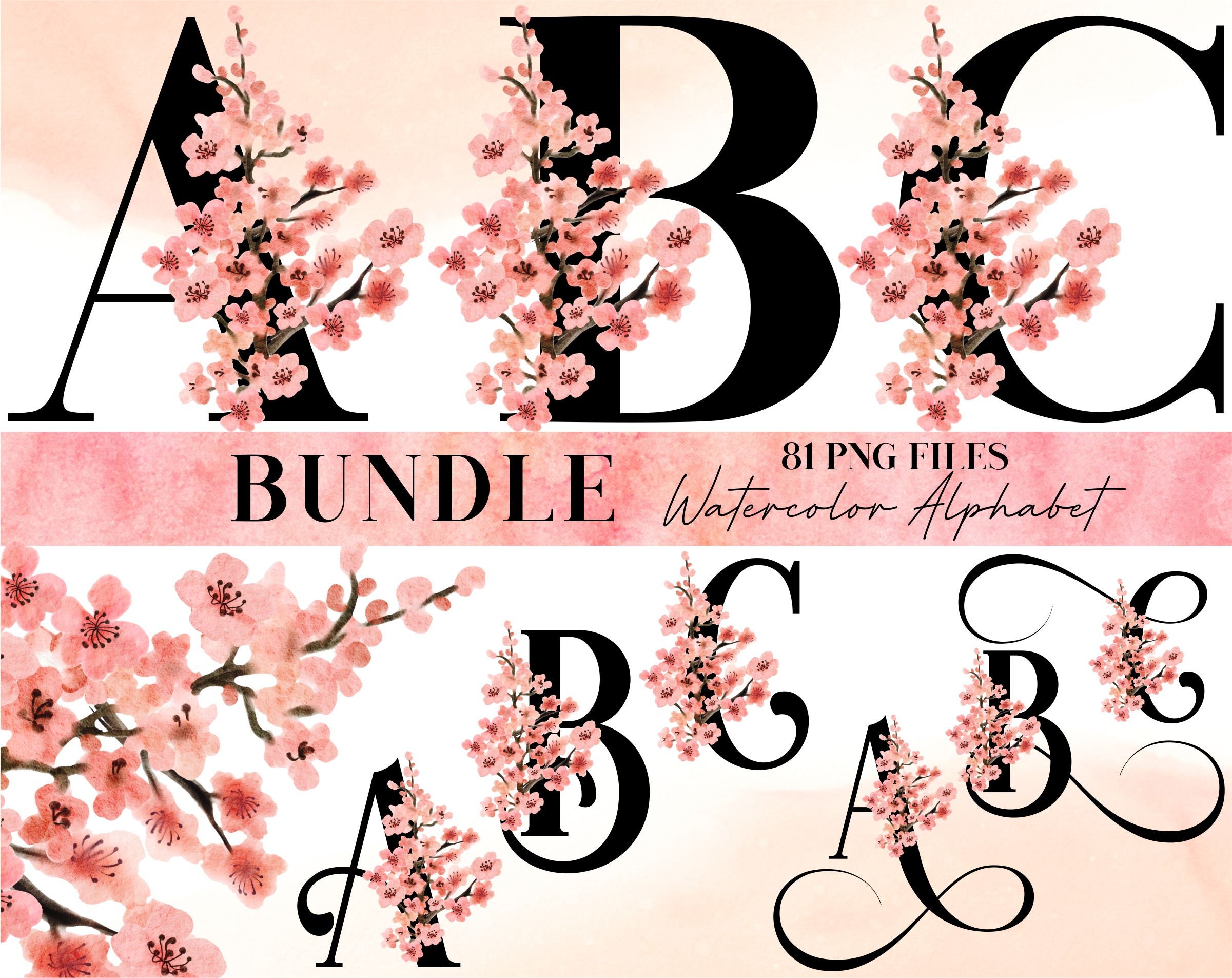Bundle Watercolor Flowers Alphabet PNG Black Letters Alphabet - Etsy