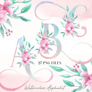 Bundle Watercolor Flowers Alphabet PNG, Pink Aqua Watercolor Alphabet ...