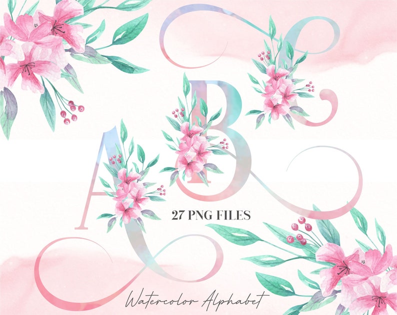 Bundle Watercolor Flowers Alphabet PNG, Pink Aqua Watercolor Alphabet ...