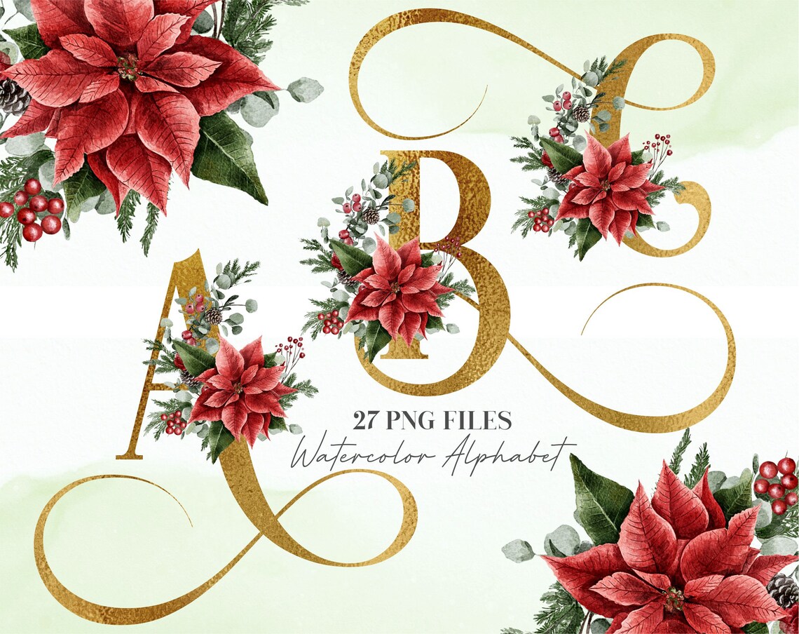 Watercolor Flowers Alphabet PNG Gold Pink Red Floral Letters - Etsy