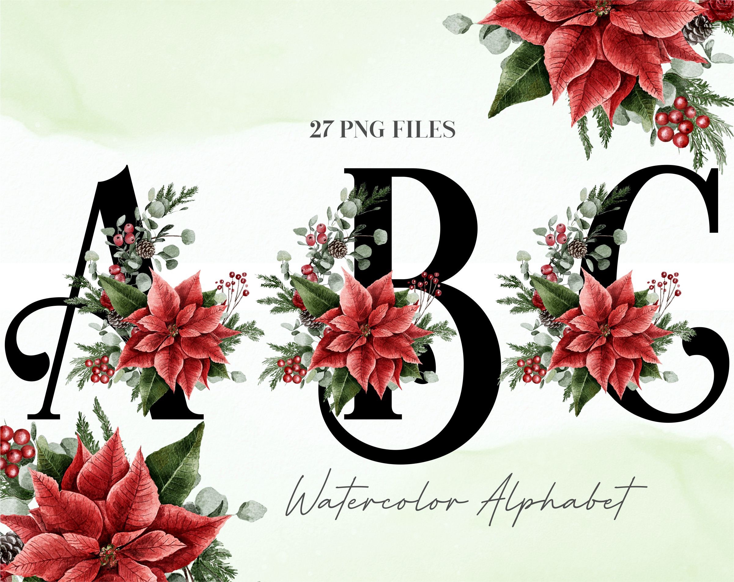Bundle Watercolor Flowers Alphabet PNG Black Letters Alphabet - Etsy