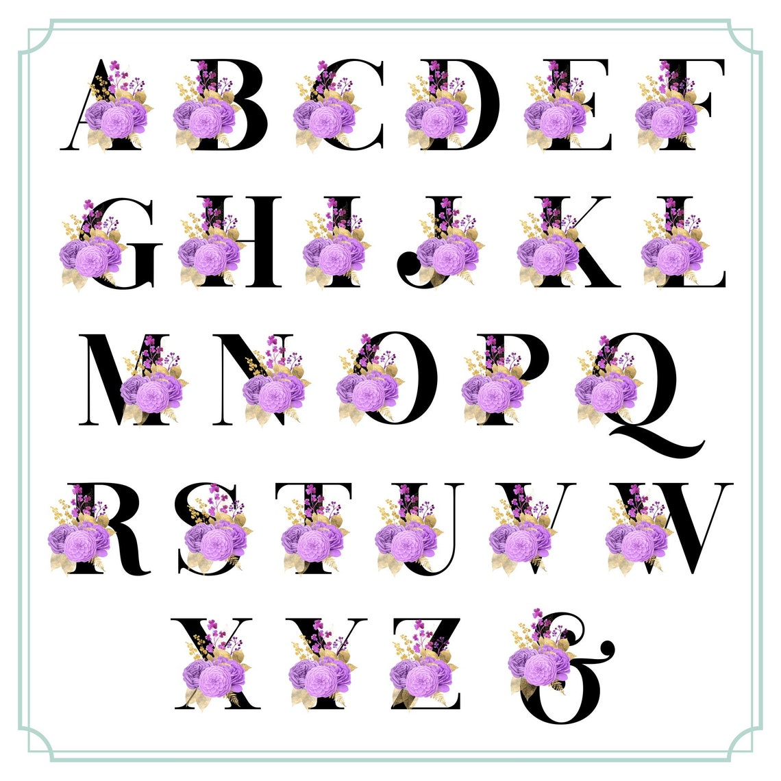Watercolor Flowers Alphabet PNG Black Purple Floral Alphabet - Etsy