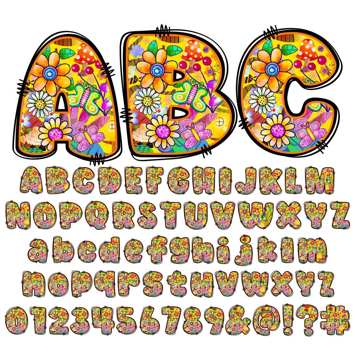 BUNDLE Spring Floral Alphabet PNG, Chubby Alpha Doodle, Doodle Flowers ...