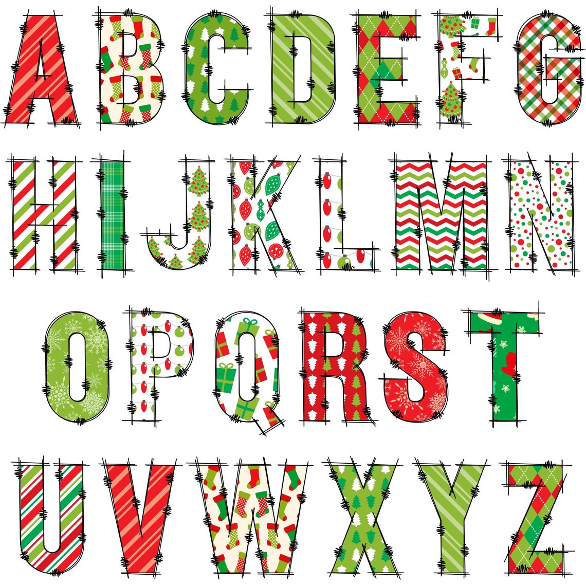 Christmas Clipart Letters PNG, Wrapping Paper Alphabet, Doodle Holidays ...