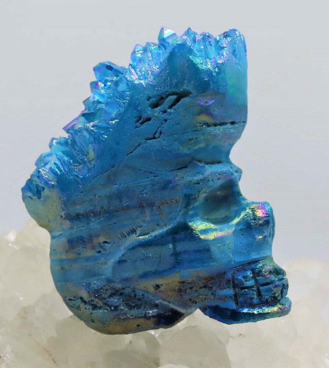2" BLUE TITANIUM AURA Skull Statue * Titanium Bonded Crystal Quartz ...