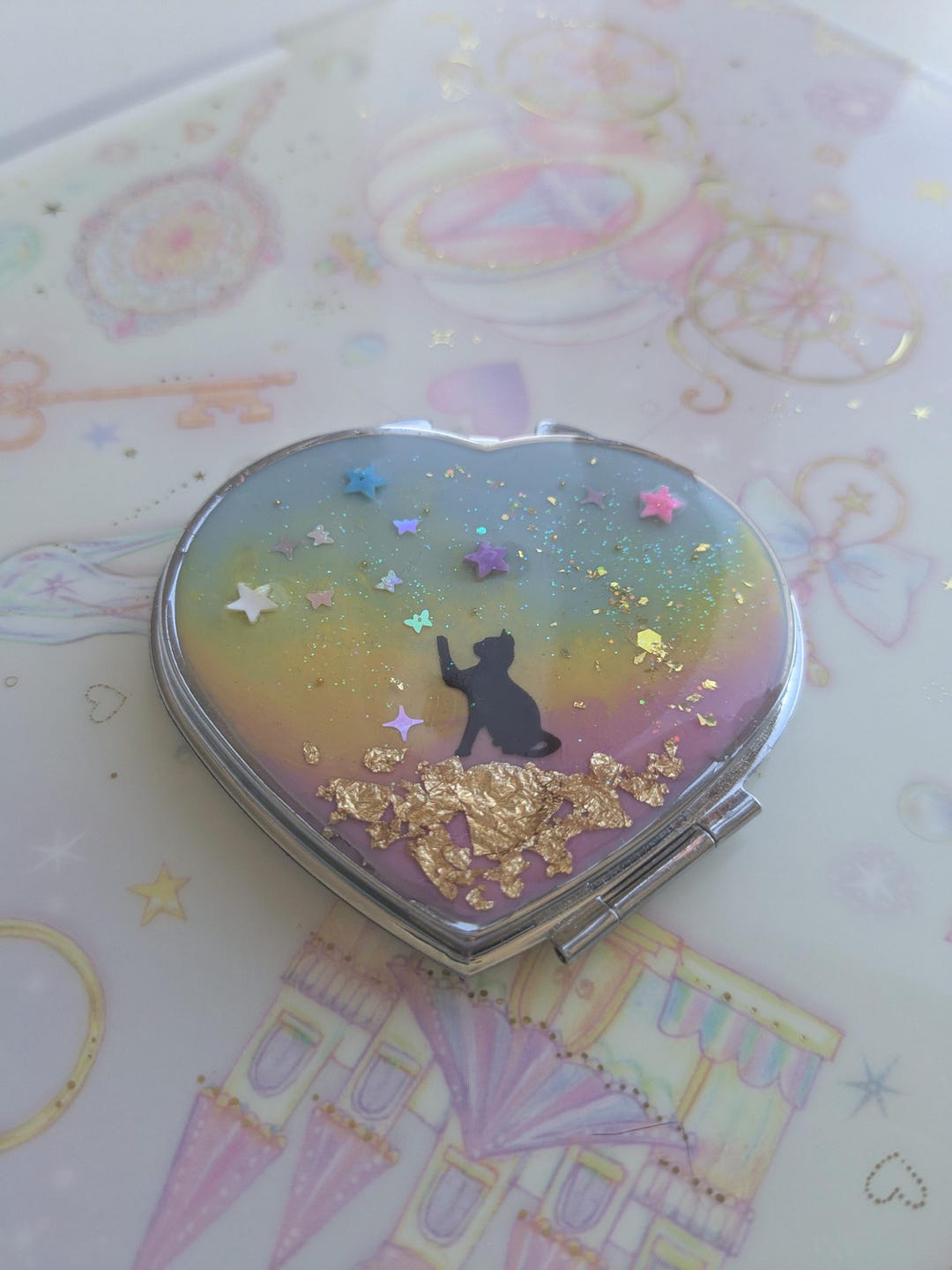Heart Compact Mirror: Pastel Kitty Silhouette, Gyaru Makeup - Etsy