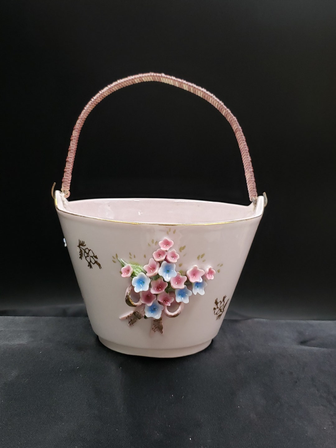 Lefton Pretty Pink Basket With Applied Flowers Planter or Candy Dish ...