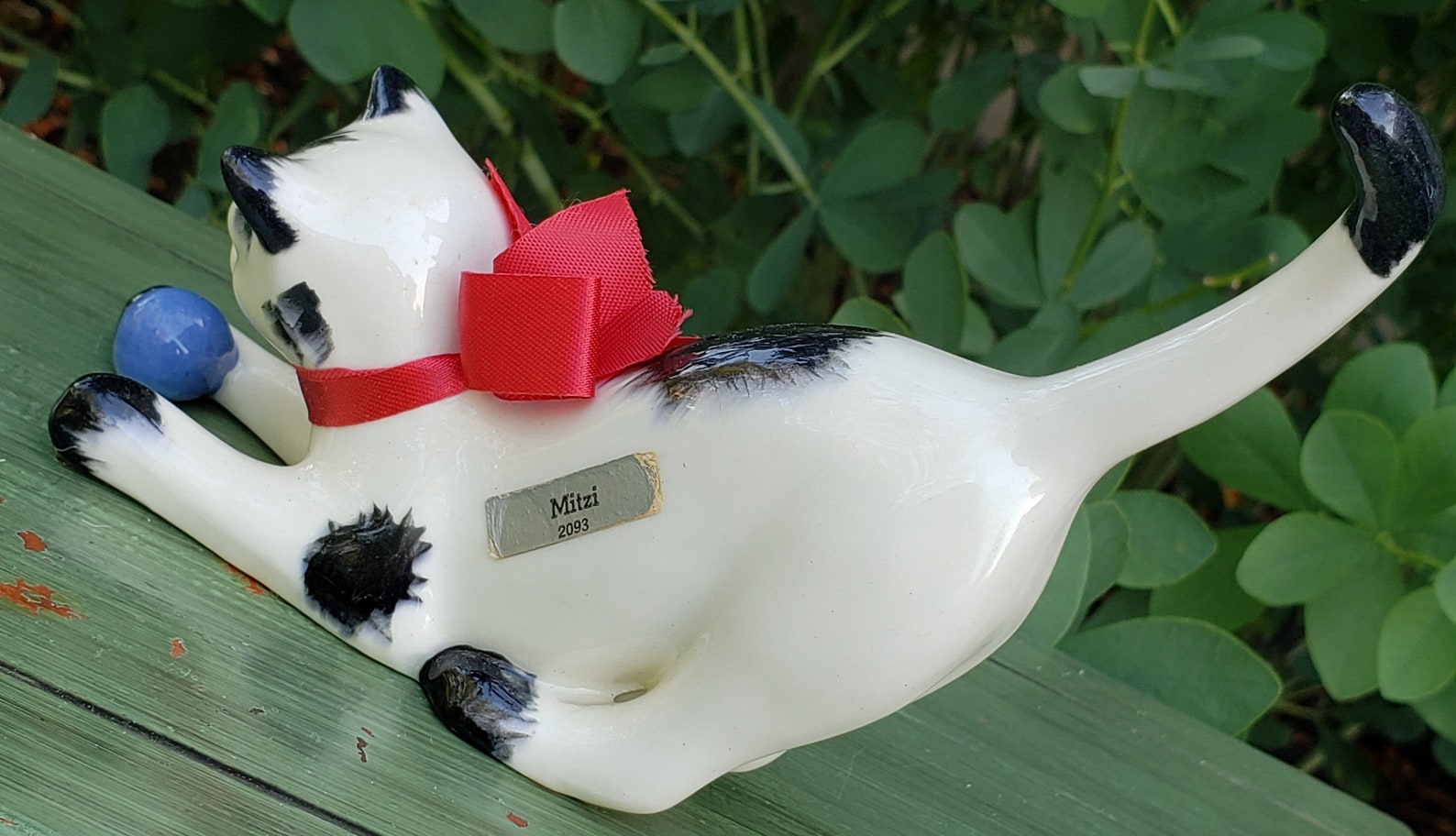 Mitzi Black and White Cat Figurine With Red Bow Playing With - Etsy