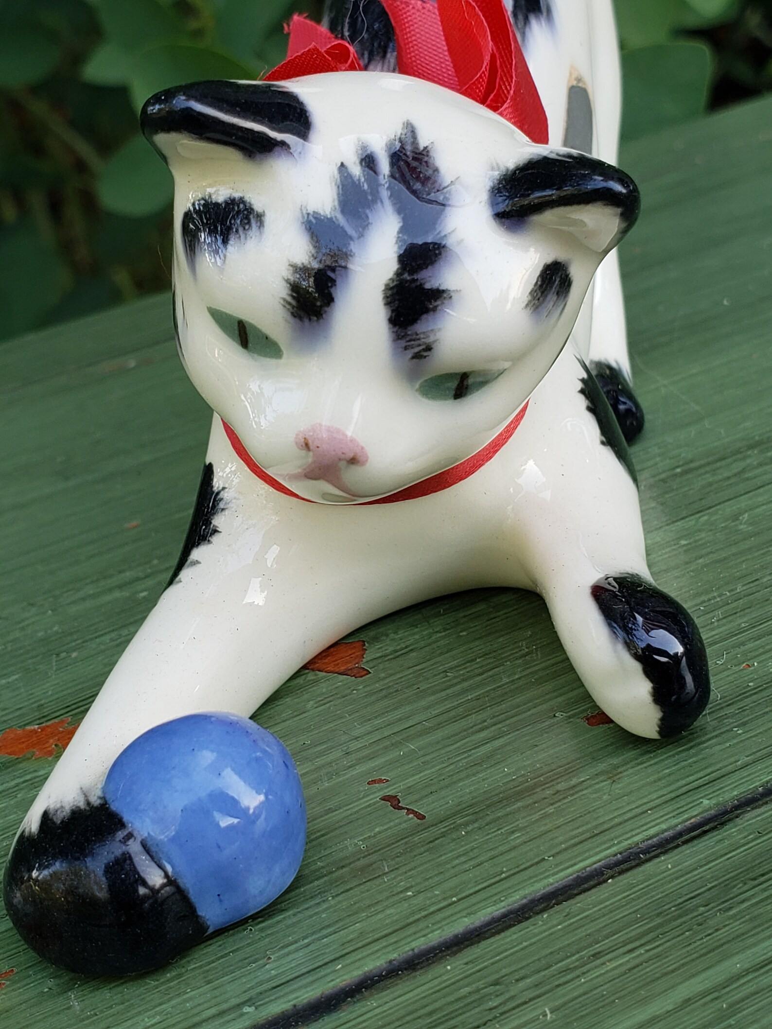 Mitzi Black and White Cat Figurine With Red Bow Playing With - Etsy