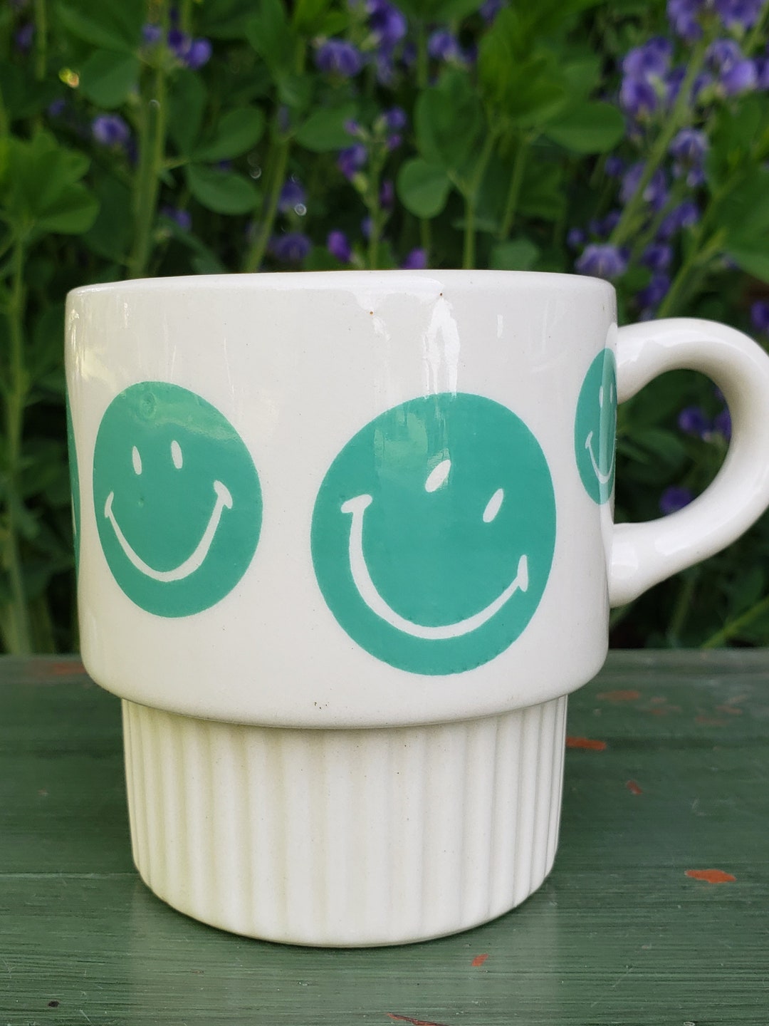 Vintage Aqua Teal Smiley Face Cup Mugs Marked USA Gift for Friend Cheer ...