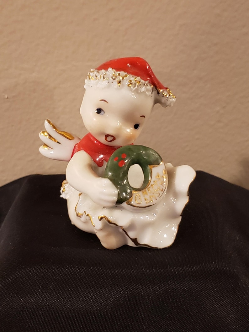 Vintage Lefton Christmas Cherub Angel With Merry Christmas Wreath Gift ...