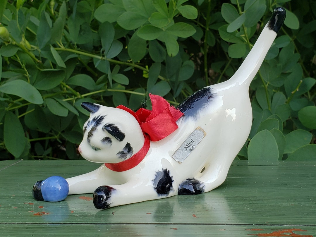 Mitzi Black and White Cat Figurine With Red Bow Playing With Ball of ...