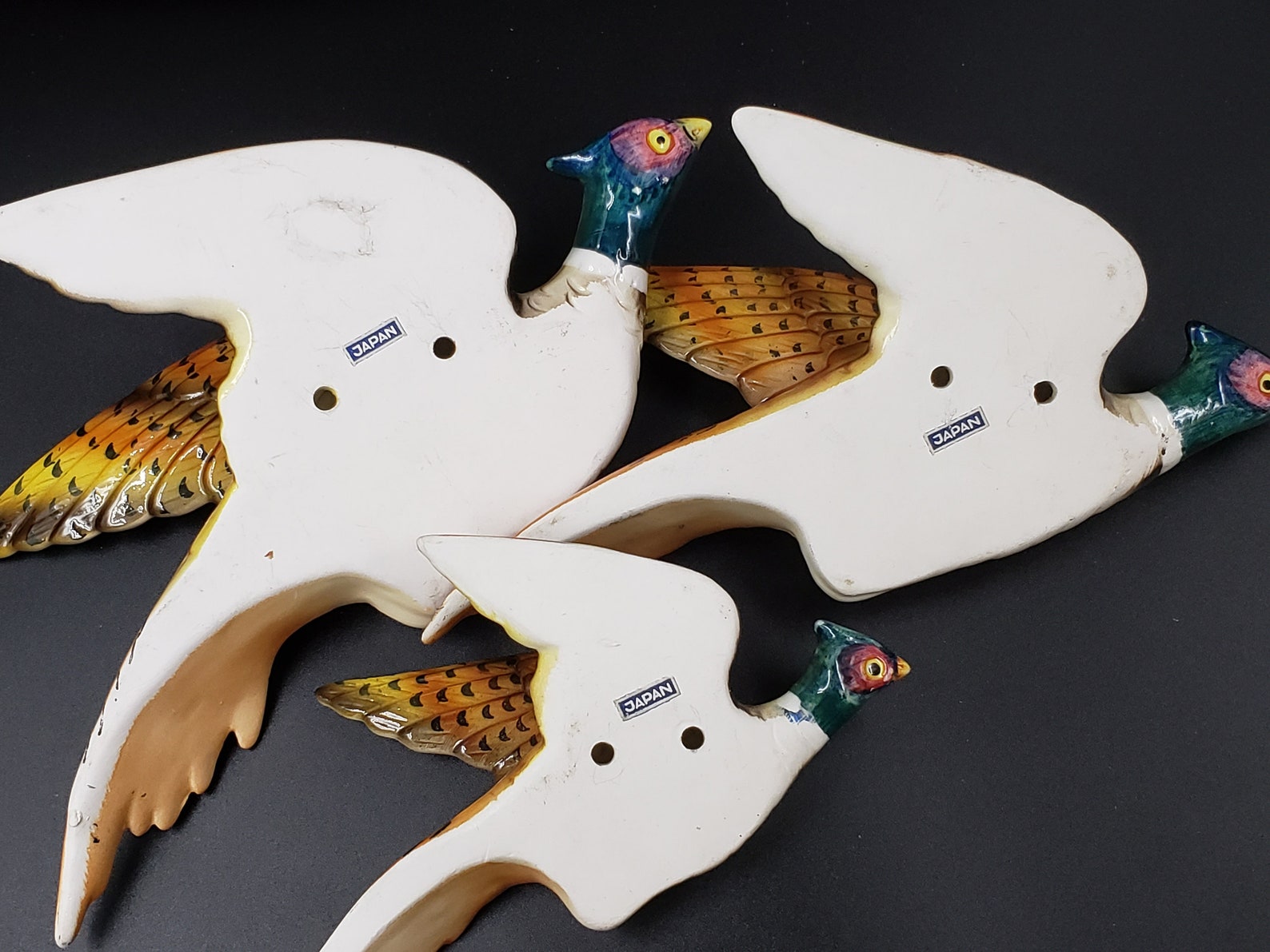 Spectacular Set of 3 Pheasant Wall Pocket Vase Japan Gift for Wall ...