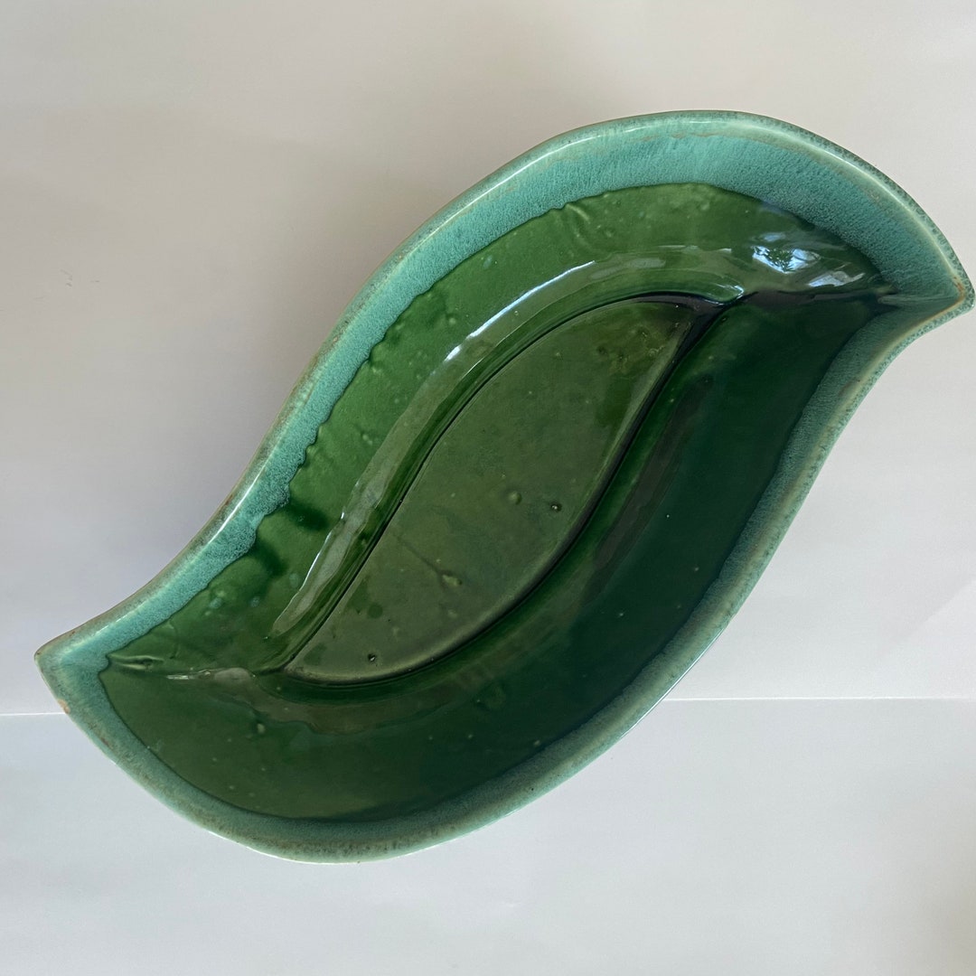 Vintage 1950s Cookson Pottery Planter - Green Leaf Shaped Ceramic Dish ...