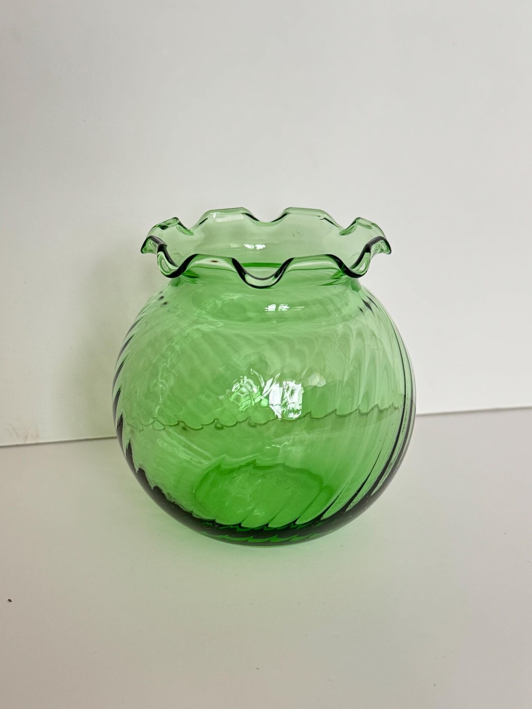 Vintage Small Green Round Glass Vase With Ruffled Edge - 1970s MCM Mid ...