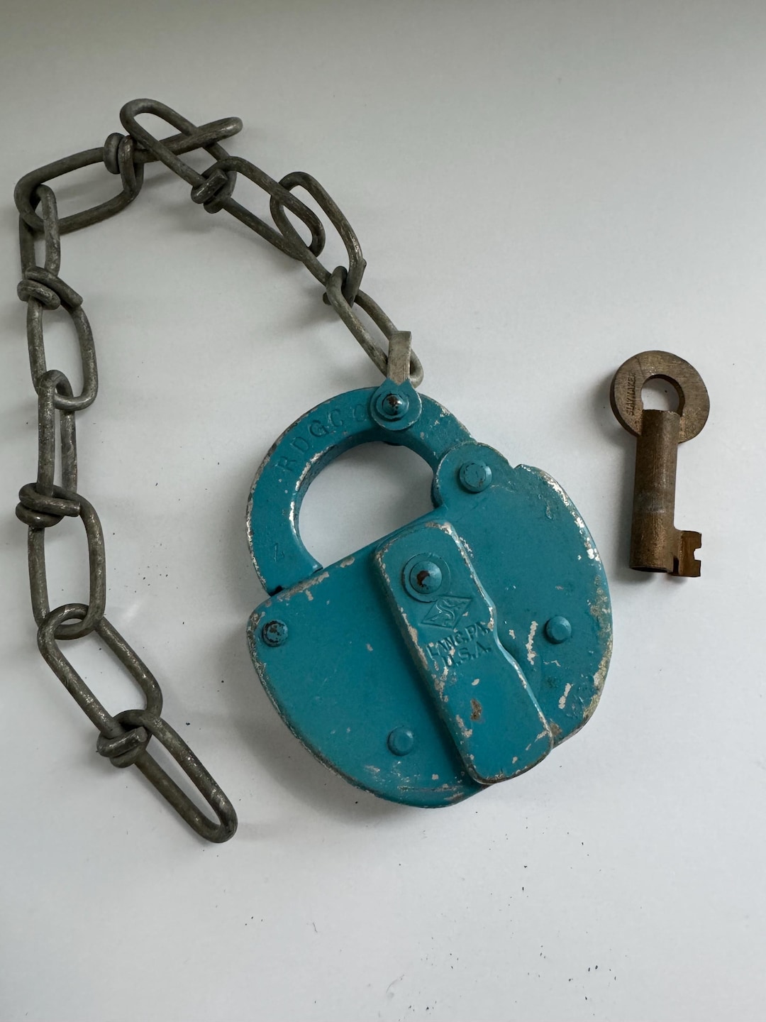 Antique Bluepoint RDG Co Slaymaker Switch Lock Key Set & Spike Chain ...