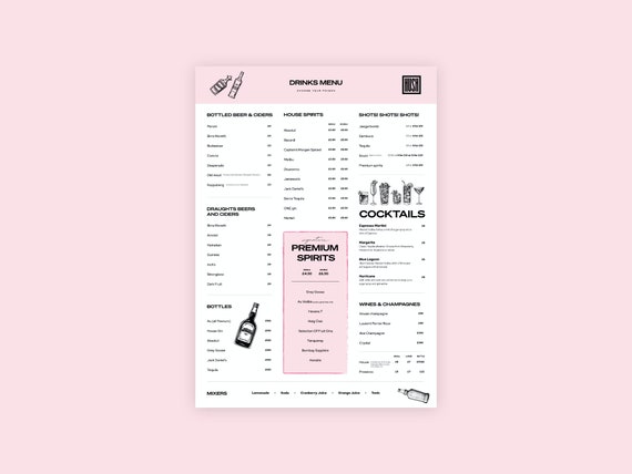 A3 Drinks Menu Template Also Works on A4 A5 A2 & A1 - Etsy