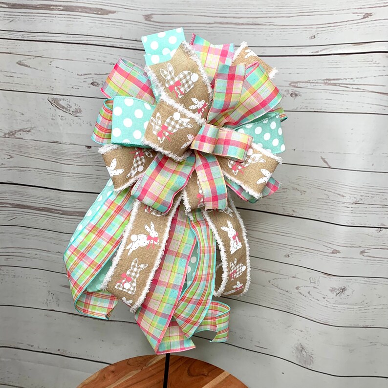 Spring Plaid Easter Bunny Bow Lime Pink Turquoise Big Spring | Etsy