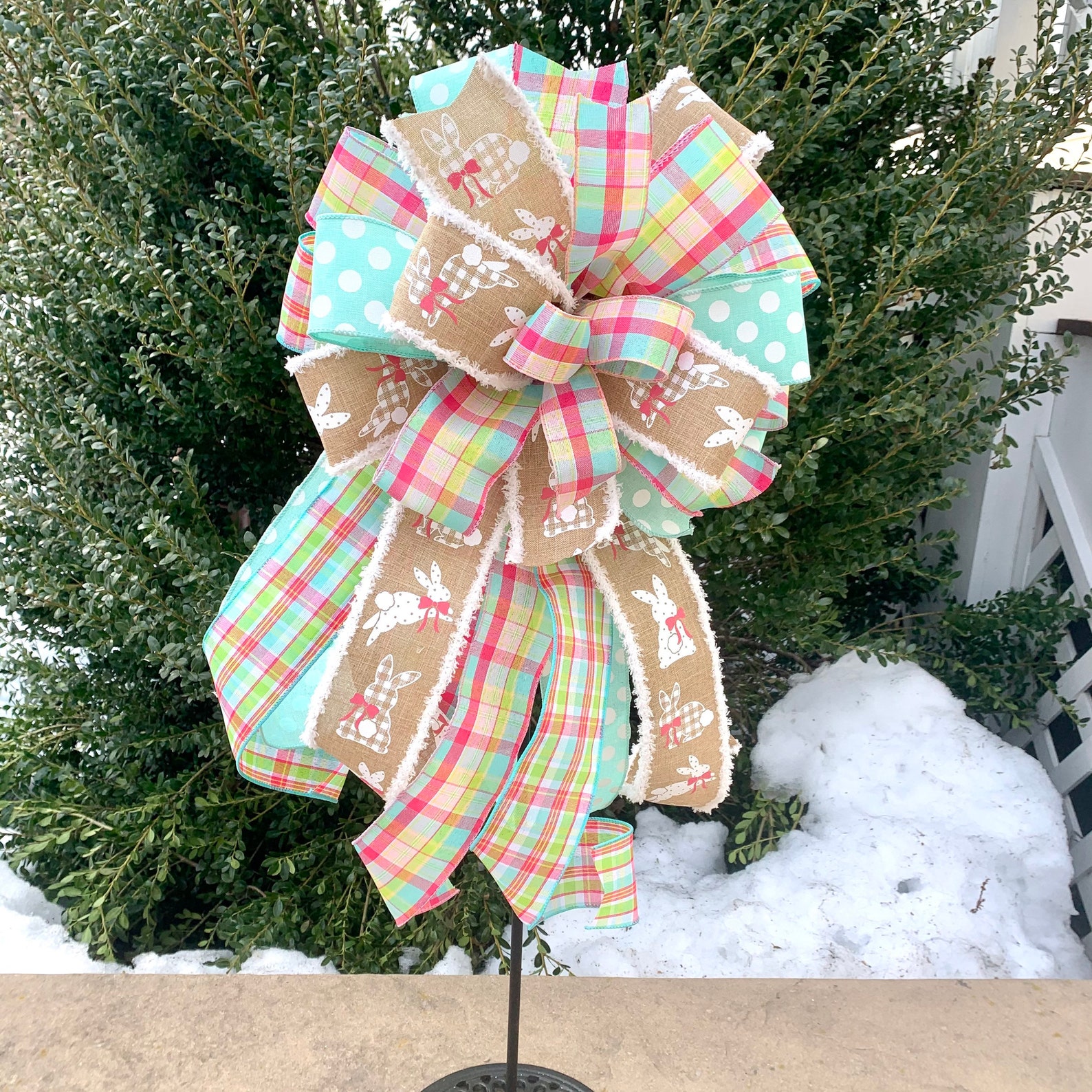 Spring Plaid Easter Bunny Bow Lime Pink Turquoise Big Spring | Etsy