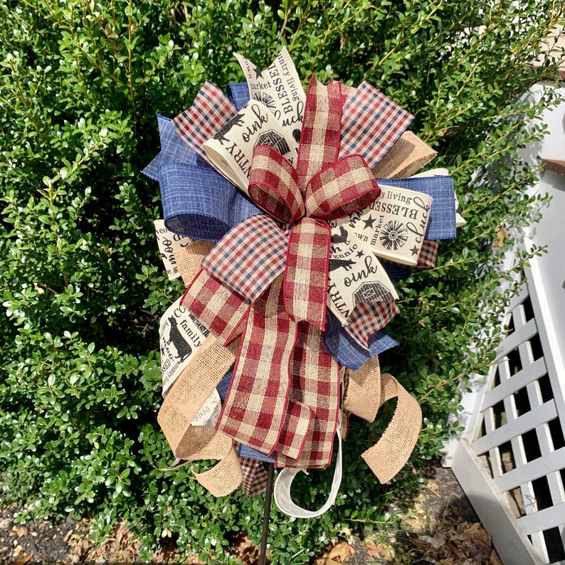 Rustic Farmhouse Patriotic Wreath Bow, Burlap Burgundy Navy Buffalo and ...