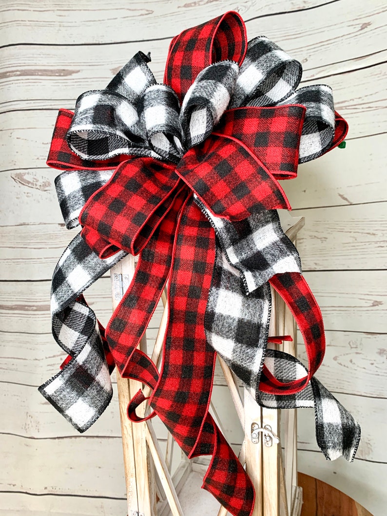 Christmas Buffalo Plaid Check Wreath Bow Red Black And White Etsy