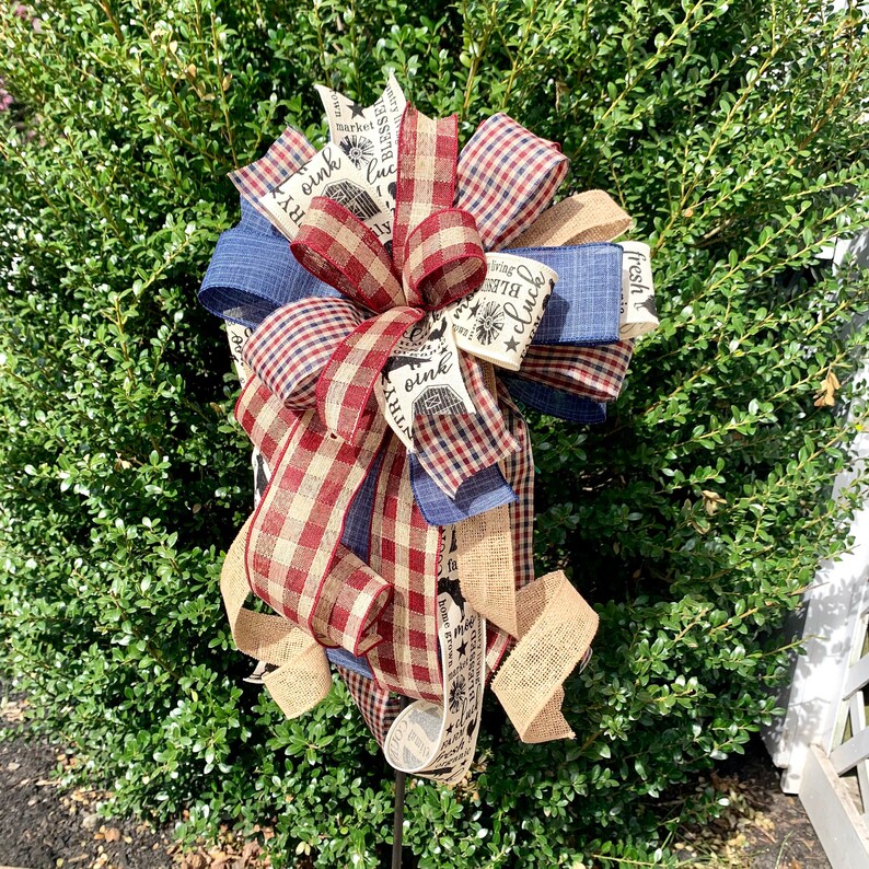 Rustic Farmhouse Patriotic Wreath Bow, Burlap Burgundy Navy Buffalo and ...