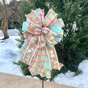 Spring Plaid Easter Bunny Bow, Lime Pink Turquoise Big Spring Plaid Bow ...