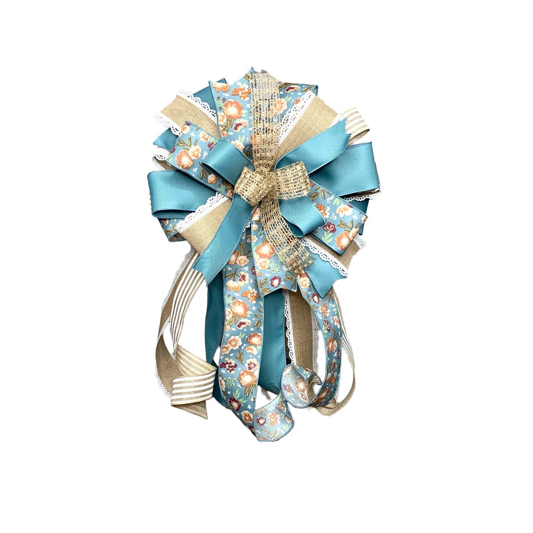 Dusty Smoke Blue Floral Bow With Coordinating Ribbons, Wreath or ...