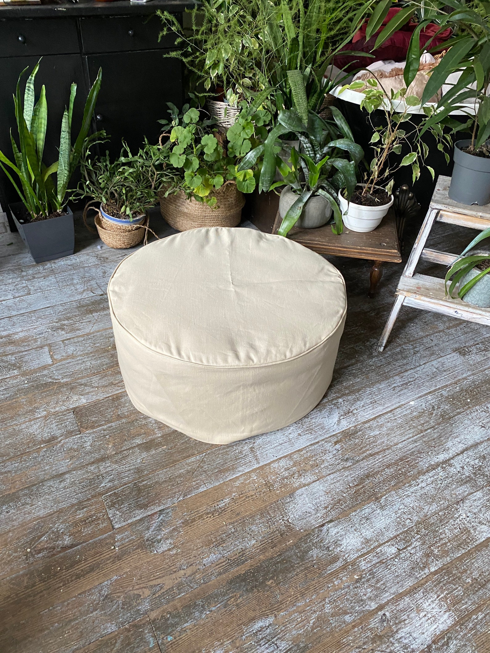 Round Ottoman Slipcover With the Piping Linen Custom Pouf - Etsy