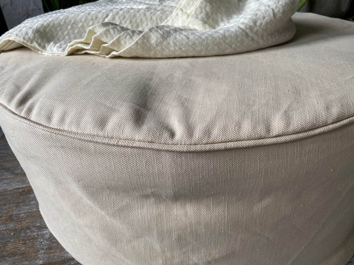 Round Ottoman Slipcover With the Piping Linen Custom Pouf | Etsy