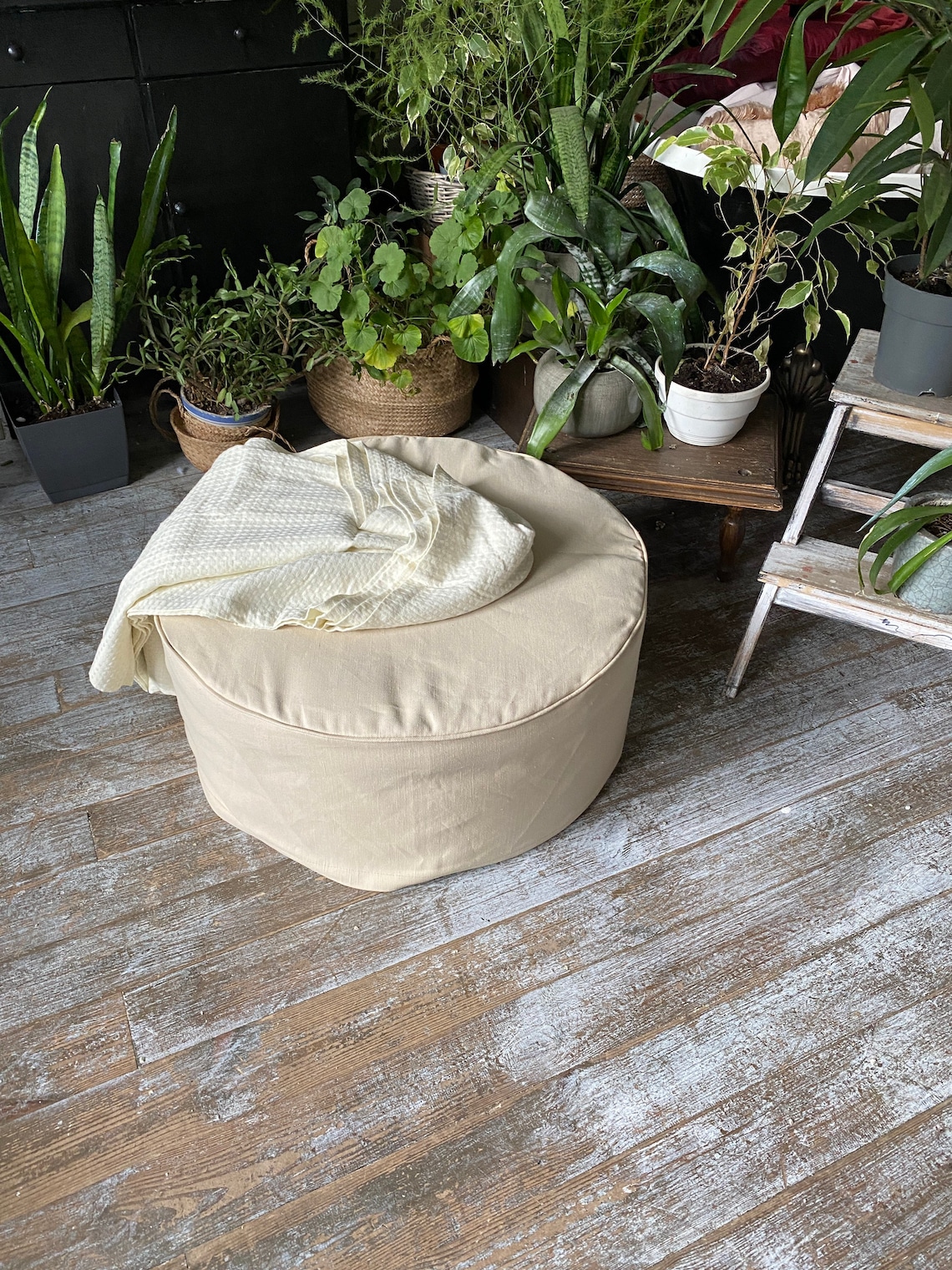 Round Ottoman Slipcover With the Piping Linen Custom Pouf - Etsy