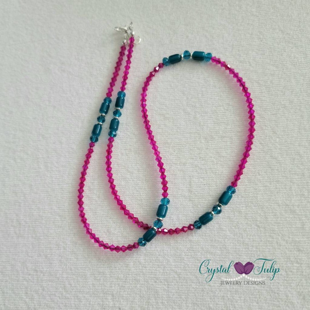 Beaded Mask Chain Hot Pink and Aqua Face Mask Lanyard Eyeglass Chain ...