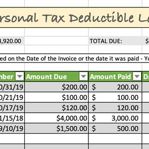 Excel Tax Deduction Log Template Great for Itemizing Your Expenses 2023 ...
