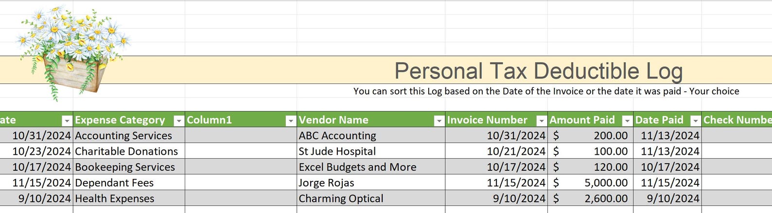 Excel Tax Deduction Log Template Great for Itemizing Your Expenses 2024 ...
