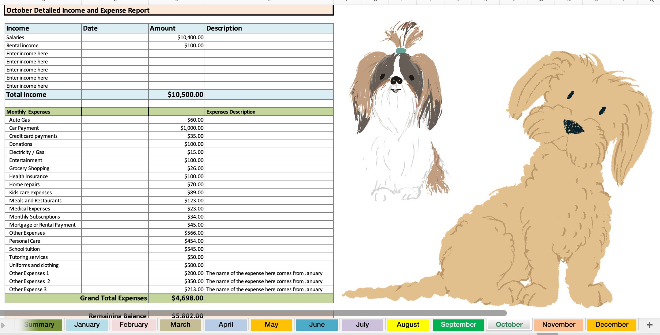 Dog-themed Family Budget Excel Spreadsheet: Auto-filled Summary - Etsy