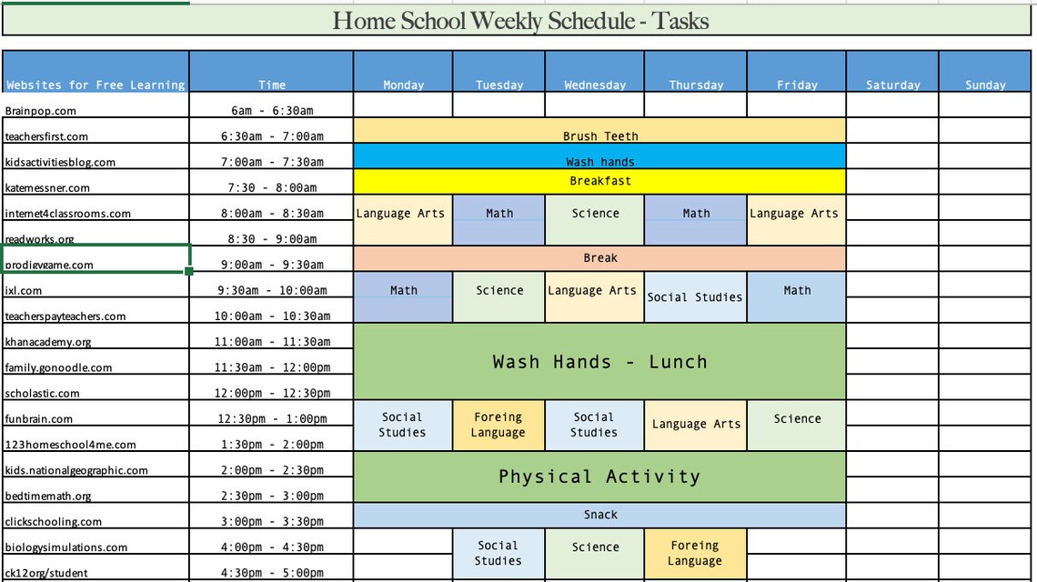 Homeschool Excel Weekly Schedule Calendar Weekly Easy to Customize ...