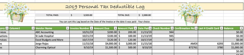 Excel Tax Deduction Log Template Great for Itemizing Your Expenses 2023 ...