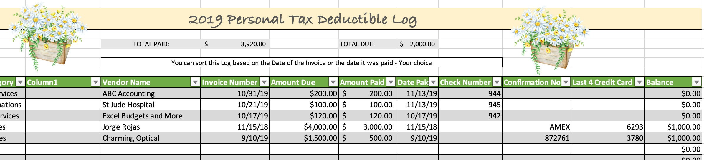 Excel Tax Deduction Log Template Great for Itemizing Your Expenses 2023 ...