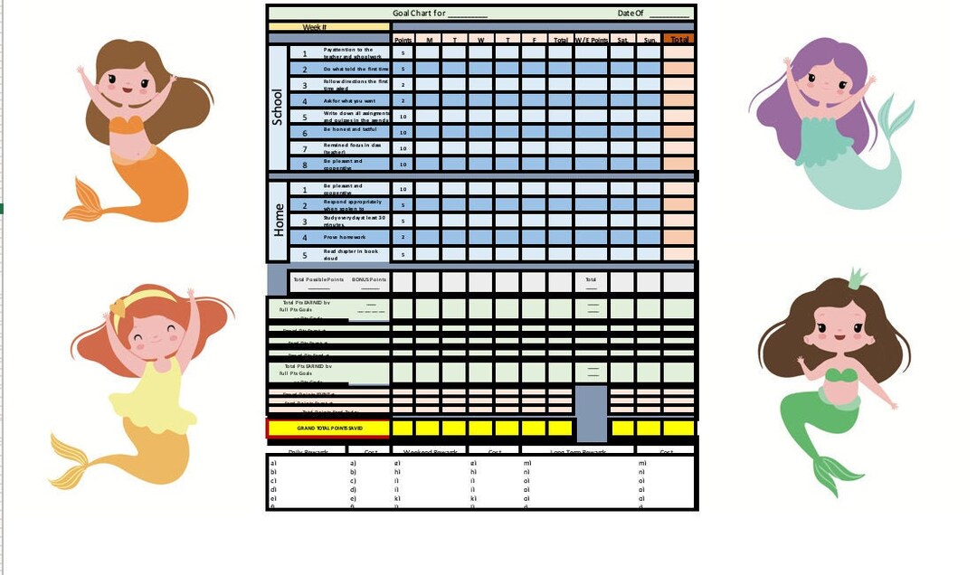 Mermaids Excel Children Reward System Easy to Customize - Kids Point ...
