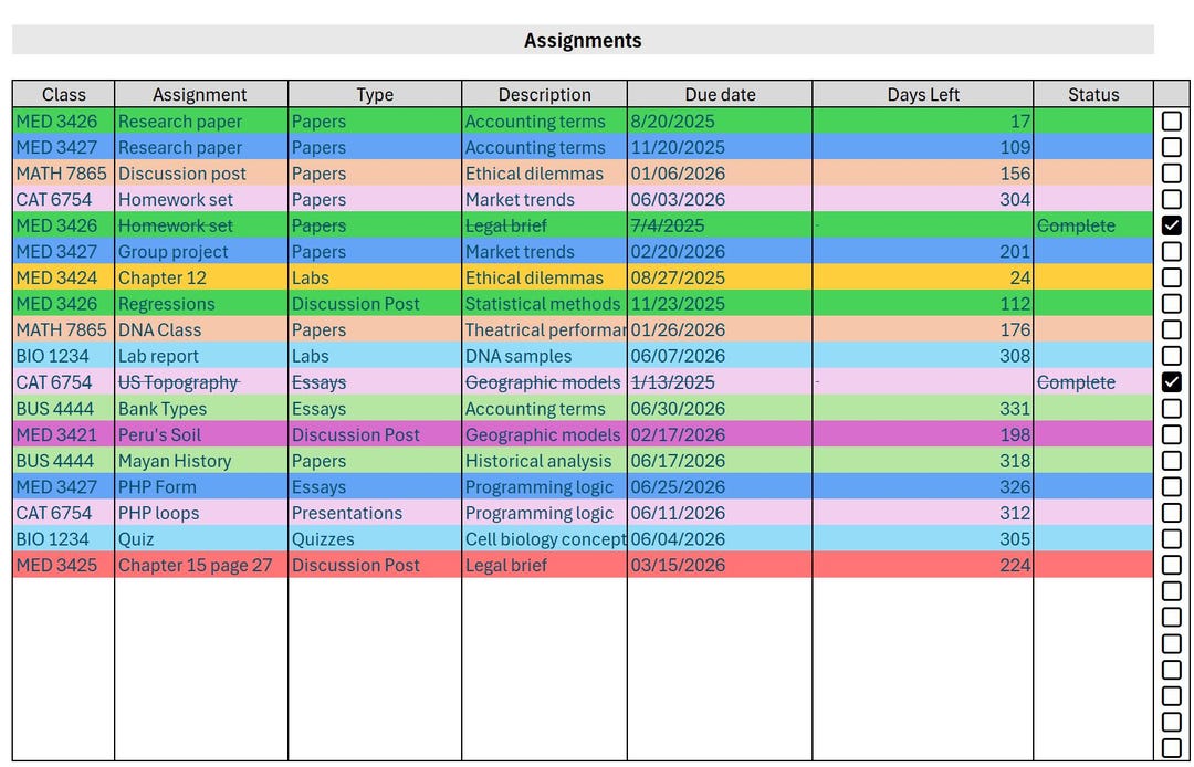 Student Excel Assignment Homework Tracker for Middle School, High ...
