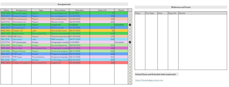 Student Excel Assignment Homework Tracker for Middle School, High ...