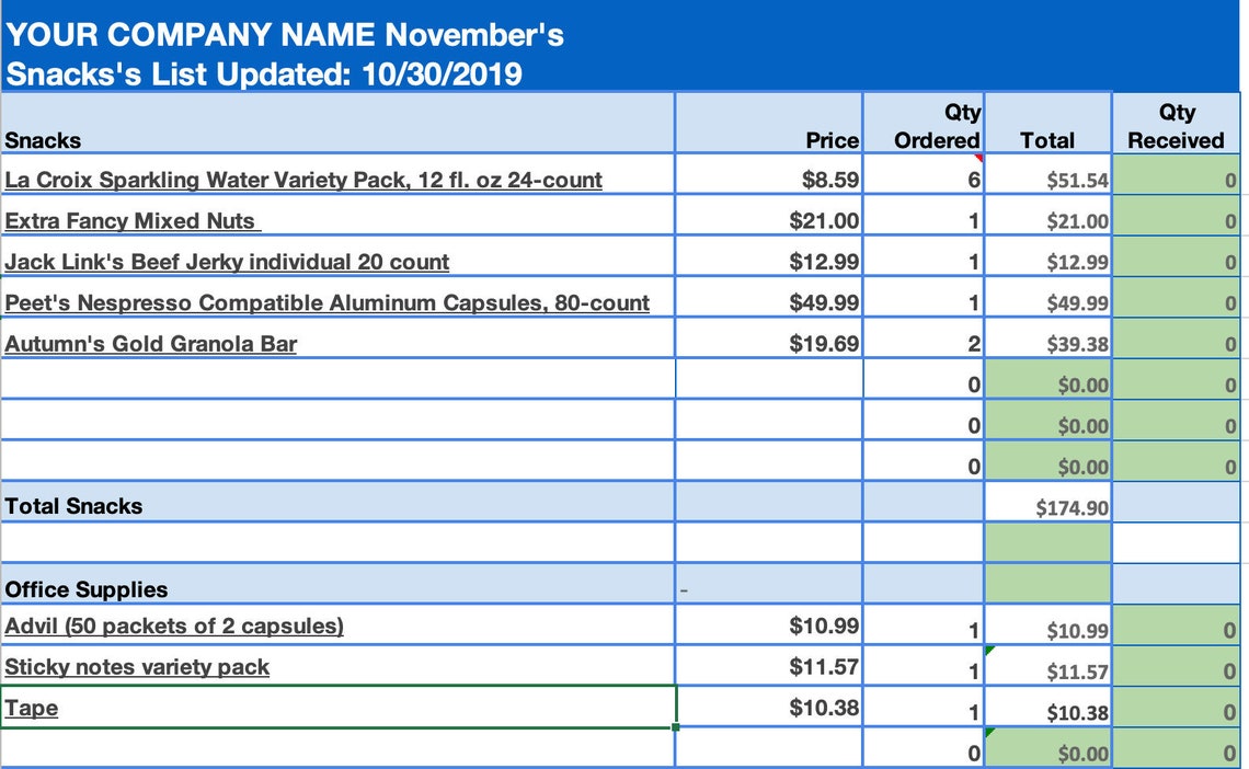 Excel Office Supplies and Snack List Interactive - Etsy