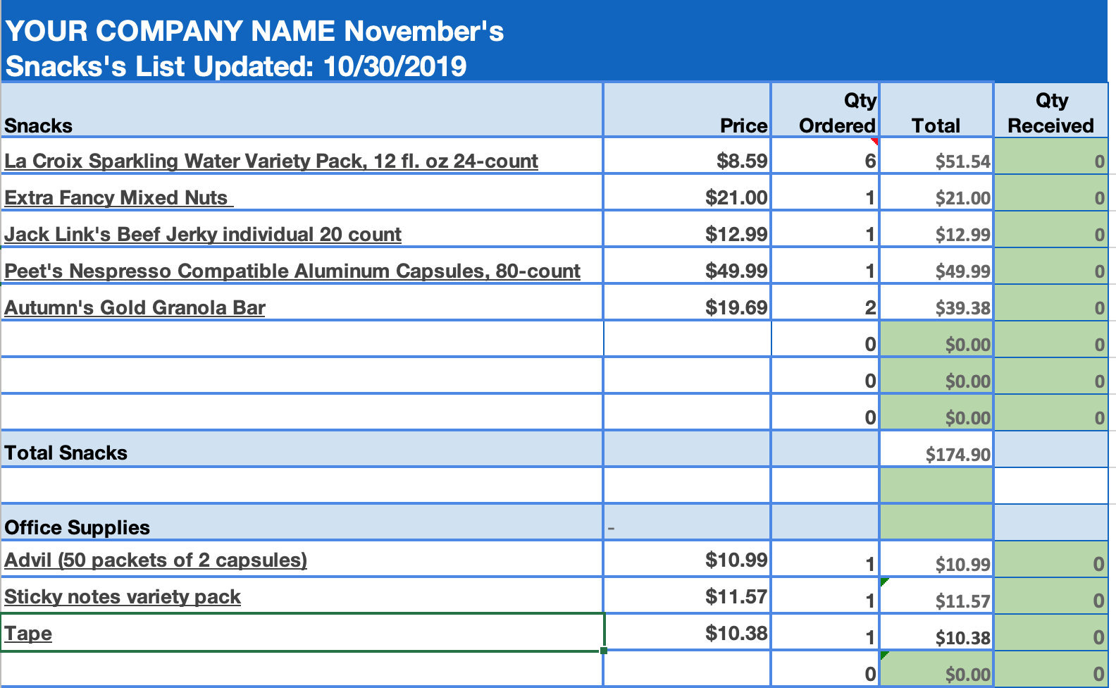 Excel Office Supplies and Snack List Interactive - Etsy