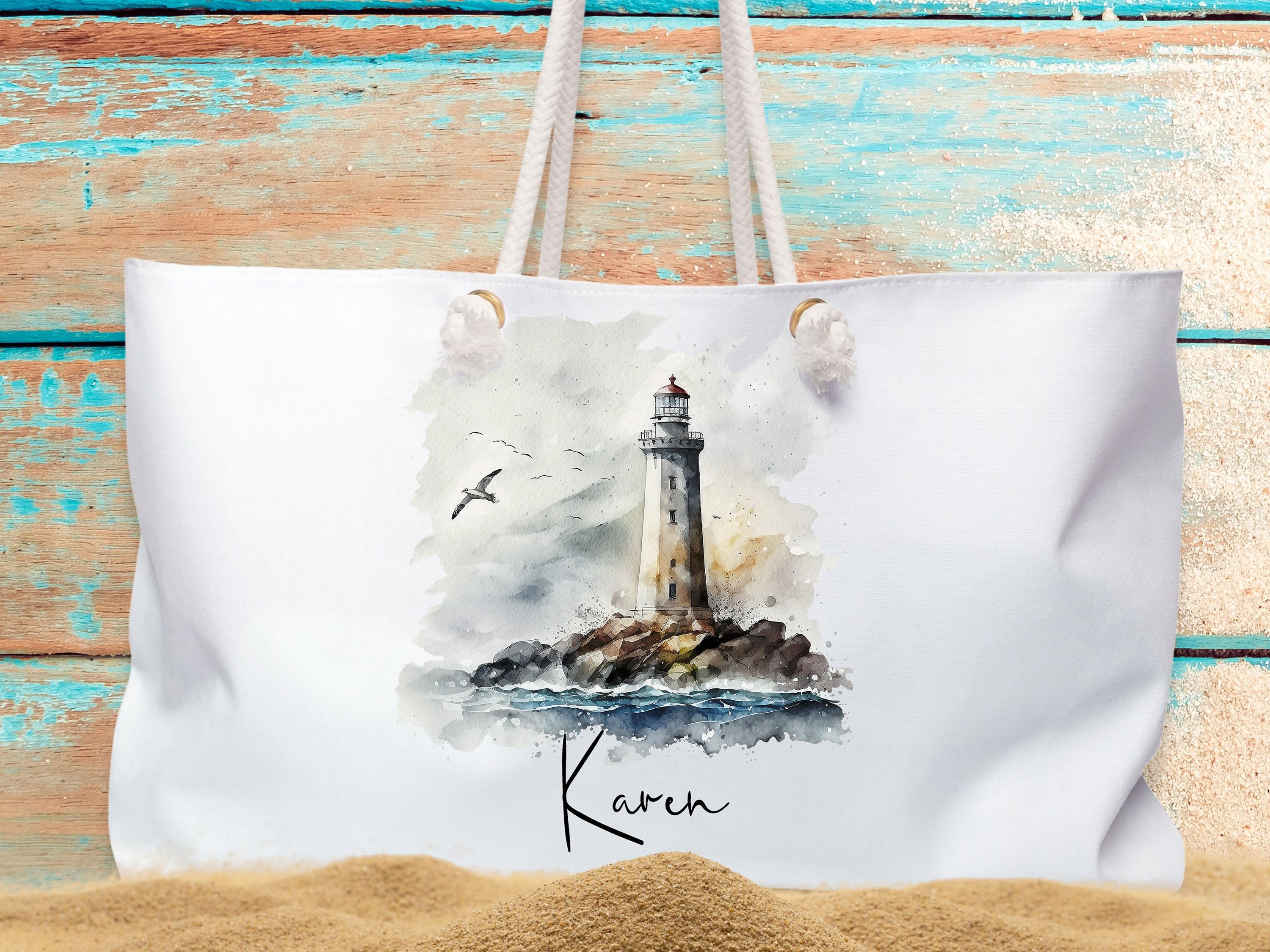 Personalized Watercolor Lighthouse Weekender Bag: Nautical Beach Tote ...