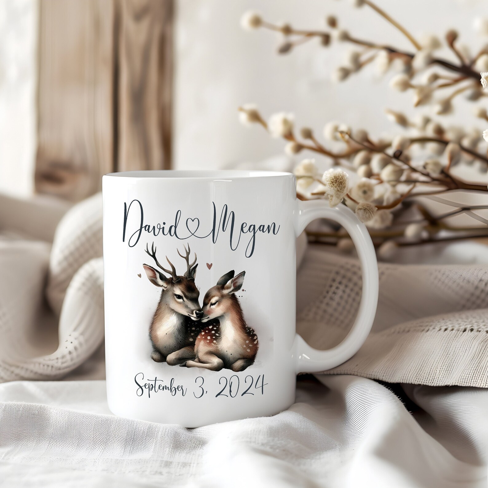 Personalized Buck and Doe Wedding Mug, Cute Watercolor Woodland ...