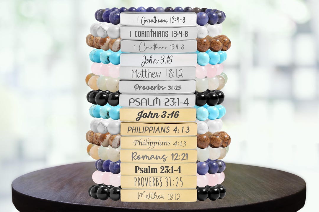 Custom Natural Stone Stretch Bar Bracelets: Bible Verses Engraved ...