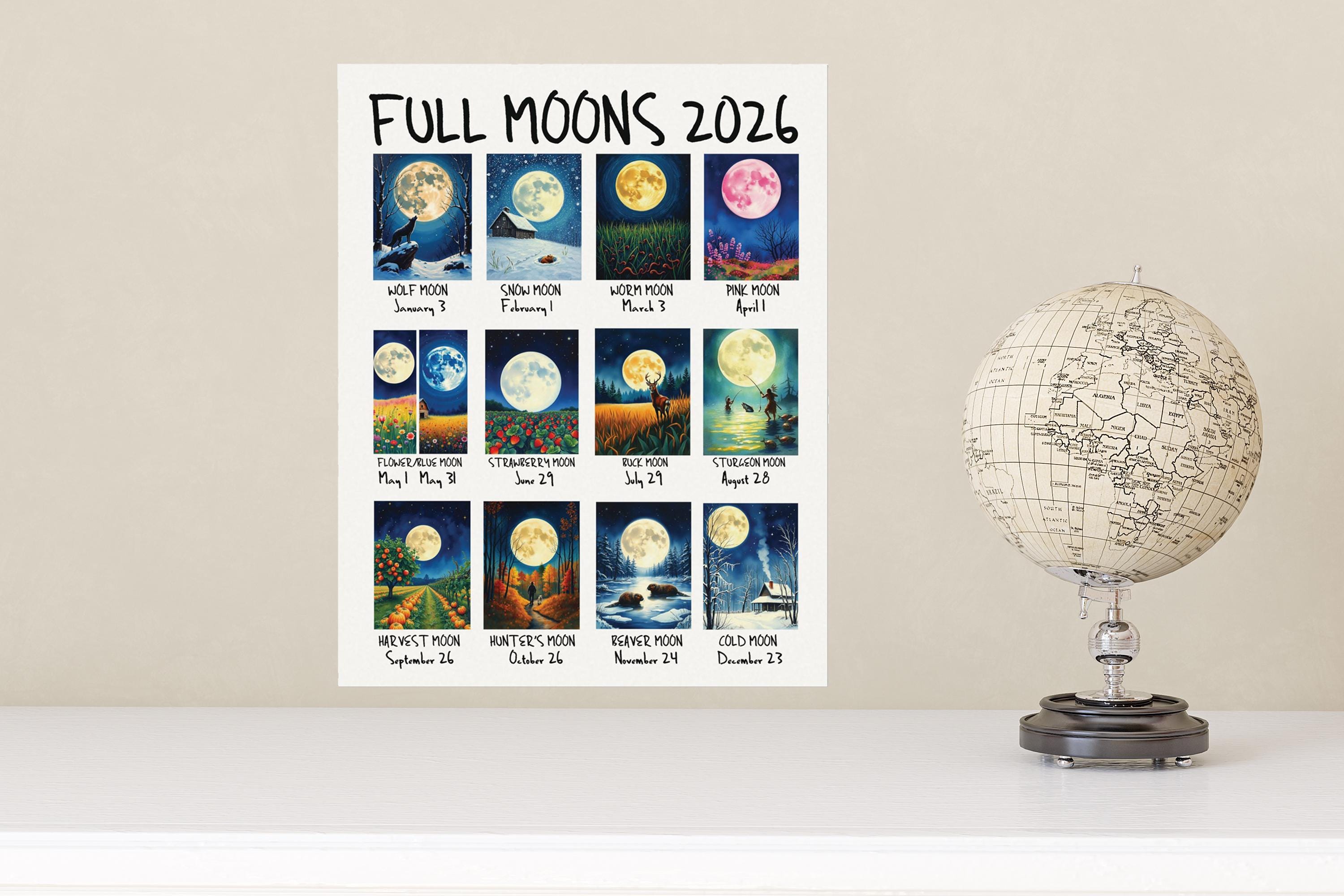 2026 Full Moons Textured Watercolor Black Matte Poster, Astronomy Gifts ...